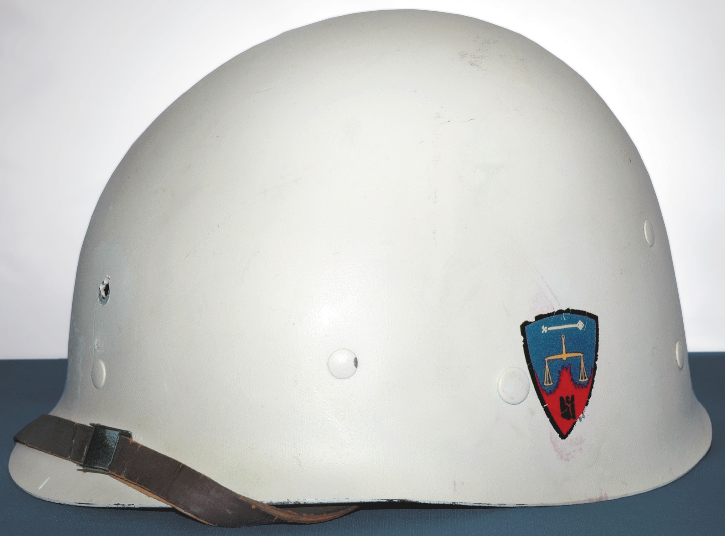 The distinctive white helmets worn by guards during the Nuremberg ...
